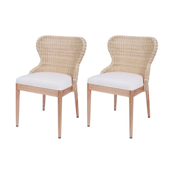 Waverly Rattan Wing Back Dining Chairs With Wood Legs, Set of 2, Natural