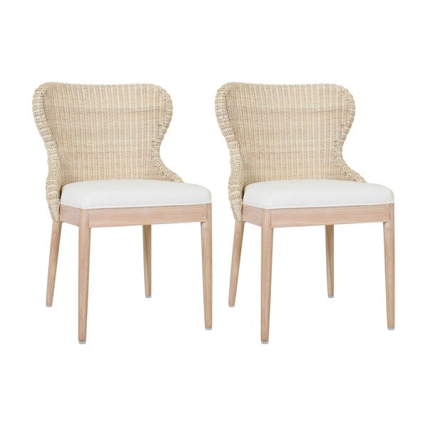 Waverly Rattan Wing Back Dining Chairs With Wood Legs, Set of 2, Whitewash