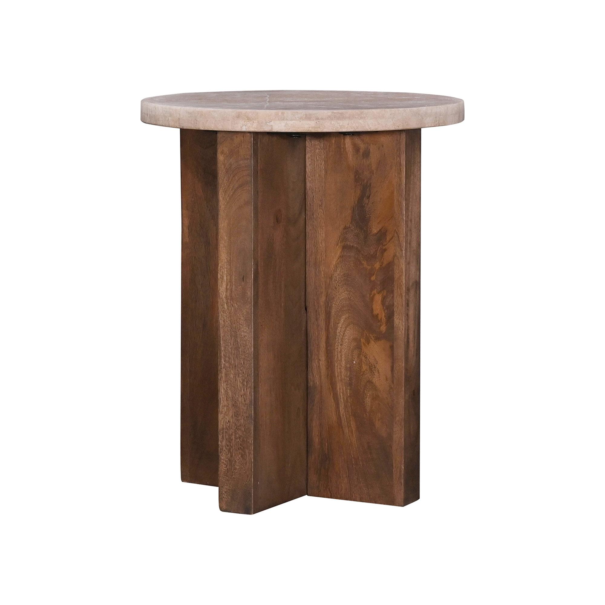 Morris Travertine Top Cross Base Side Table, Antique Brown